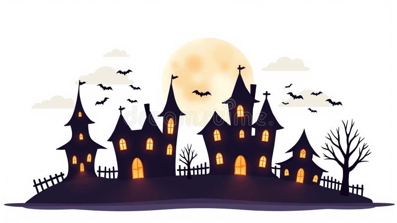 A Cartoon Illustration of a Castle with Bats Flying in the Sky Stock ...