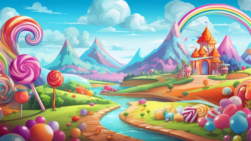 Cartoon Illustration of Castle and Stream in a Sweet Landscape Stock ...