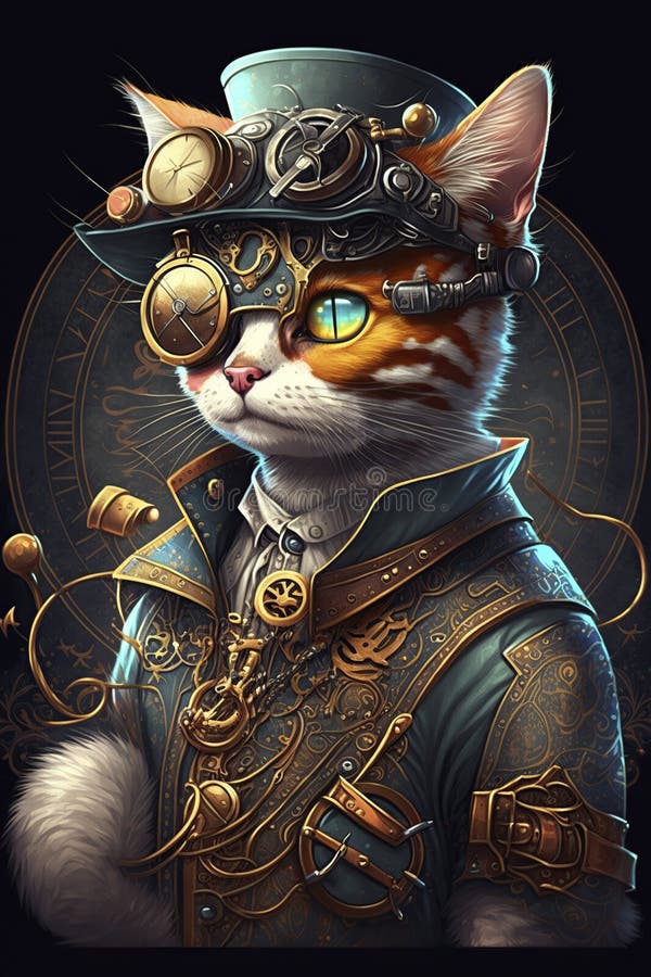 Cartoon Illustration, Cat in Steampunk Style, Ai Generative Stock ...
