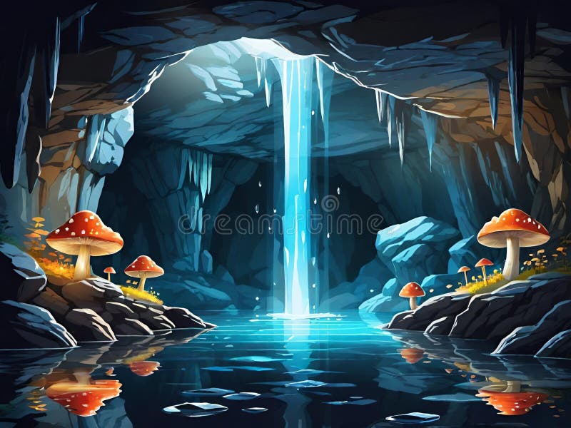 A Cartoon Illustration of Cave with a Beautiful Landscape Background ...
