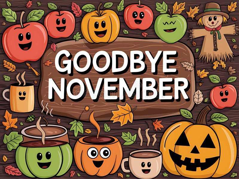 Goodbye November Illustration with Fall-Themed Cartoon Characters Stock ...