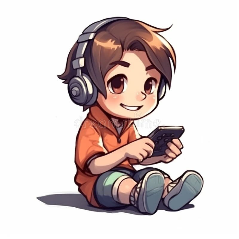 A Cartoon Illustration of a Child Sitting and Playing Mobile Games ...