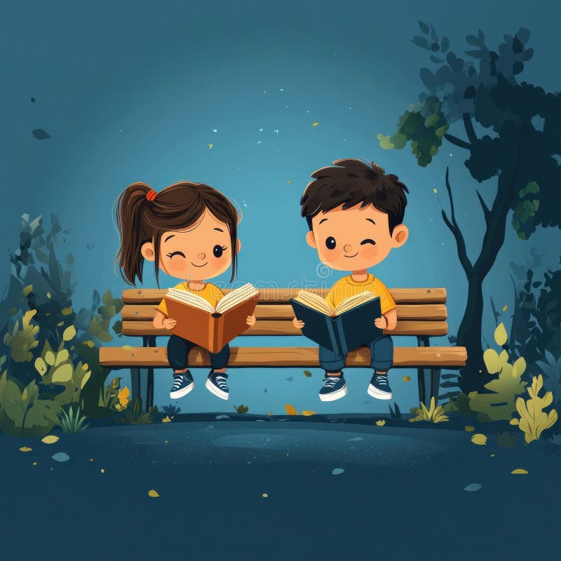 Cartoon Illustration of Children Reading on a Bench in a Park Stock ...