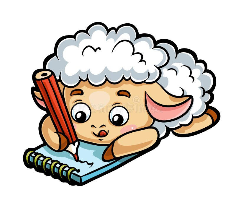 Cartoon Illustration for Children, Sheep Writer with a Pencil and a ...
