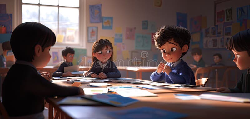 Cartoon Illustration of Children Sitting at a Table in a Classroom ...