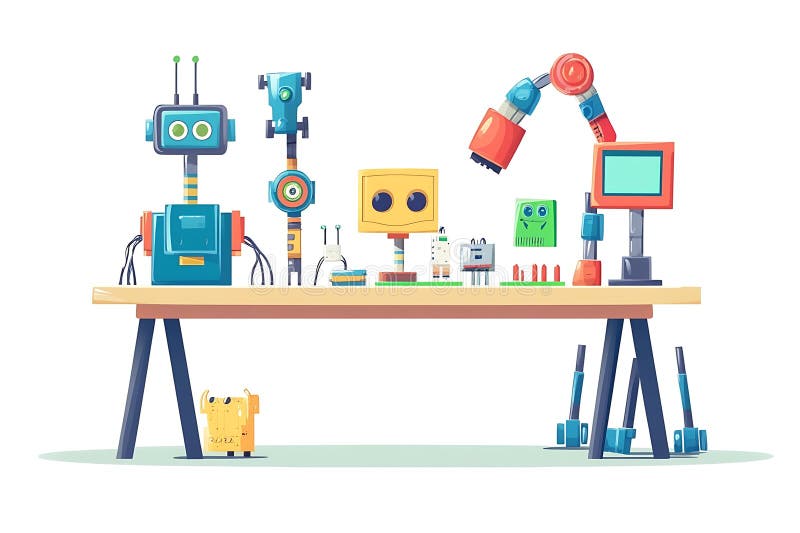 Cartoon Robots on a Workshop Table Stock Illustration - Illustration of ...