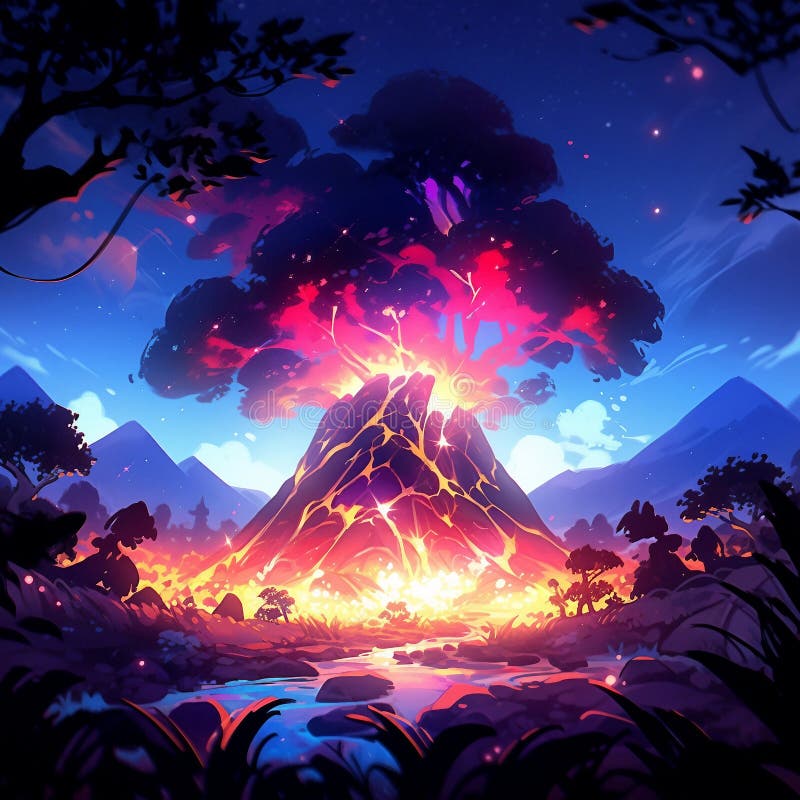 Cartoon Illustration of Colorful Exploding Volcano at Night AI ...