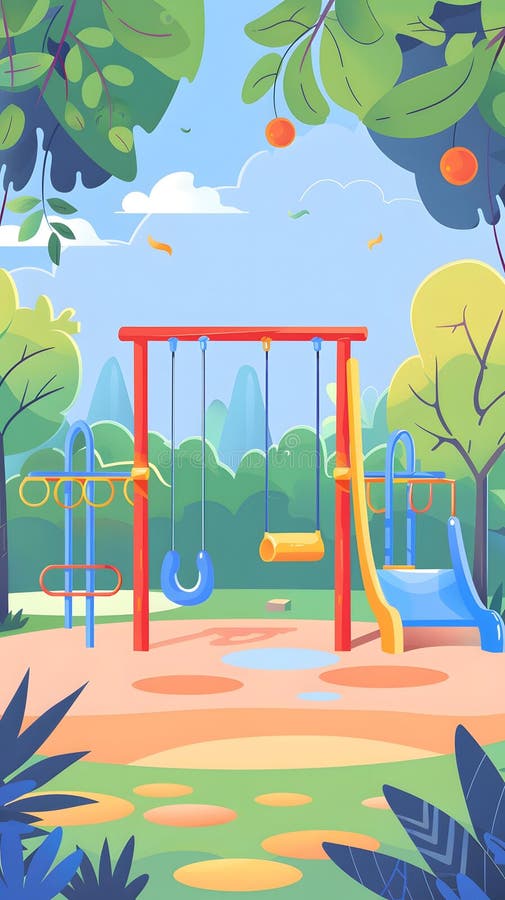 Cartoon Illustration of a Colorful Playground in a Green Park Generated ...