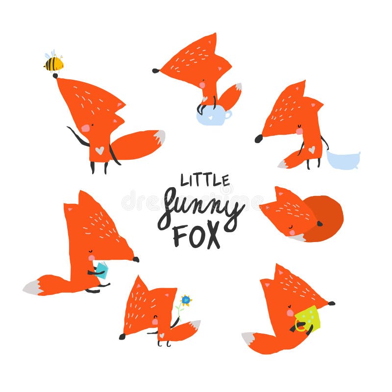 Cartoon Illustration with Crazy Funny Foxes on White Background Stock ...