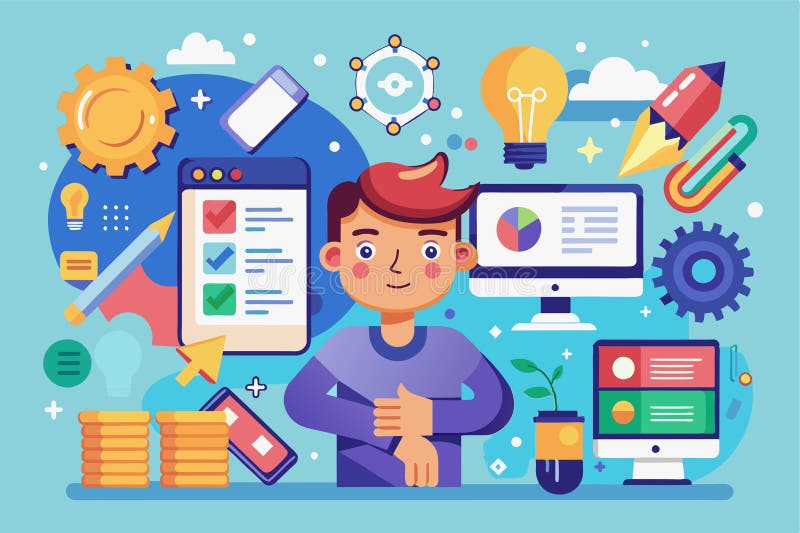 A Cartoon Illustration Depicting a Happy Designer Working on a ...