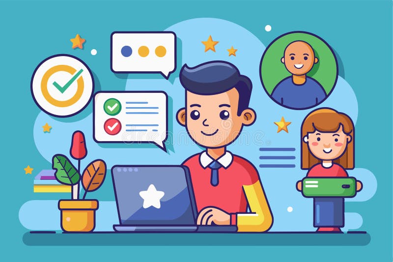 Cartoon Illustration Depicting a Man Providing Feedback on a Laptop ...