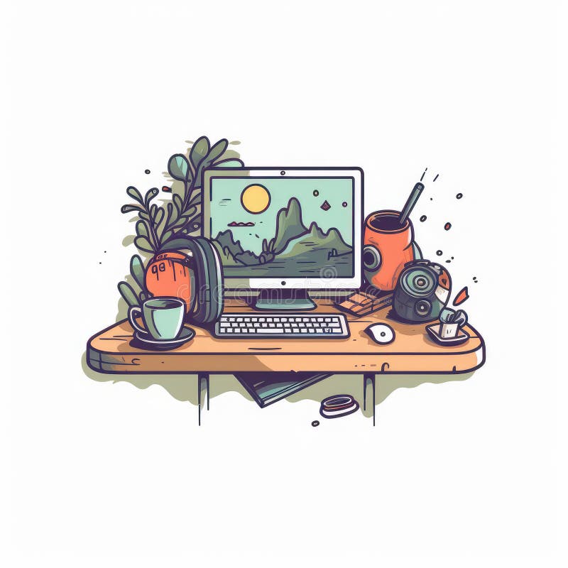 A Cartoon Illustration of a Desktop Computer. Generative AI. Stock ...