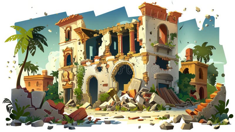 In this Cartoon Illustration, a Destroyed Building, Damaged Structure ...