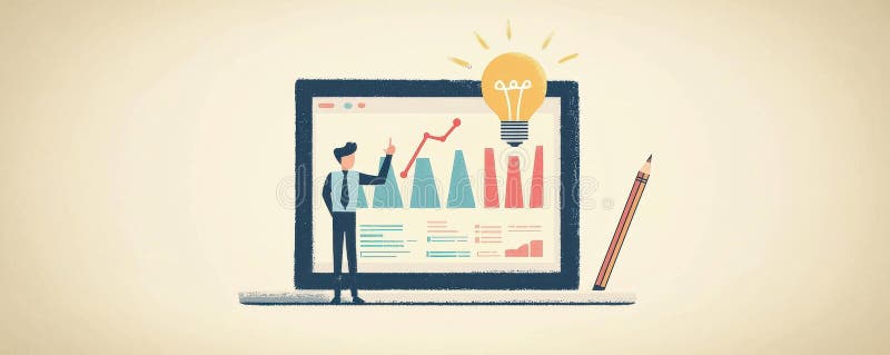 Cartoon Illustration of Digital Presentation with Charts and Light Bulb ...