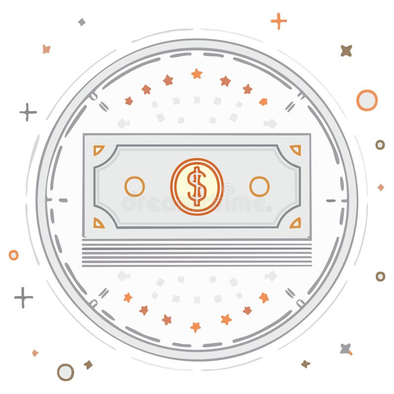 Cartoon Illustration of Dollar Bills Stacked Inside a Decorative Circle with Scattered Elements ...