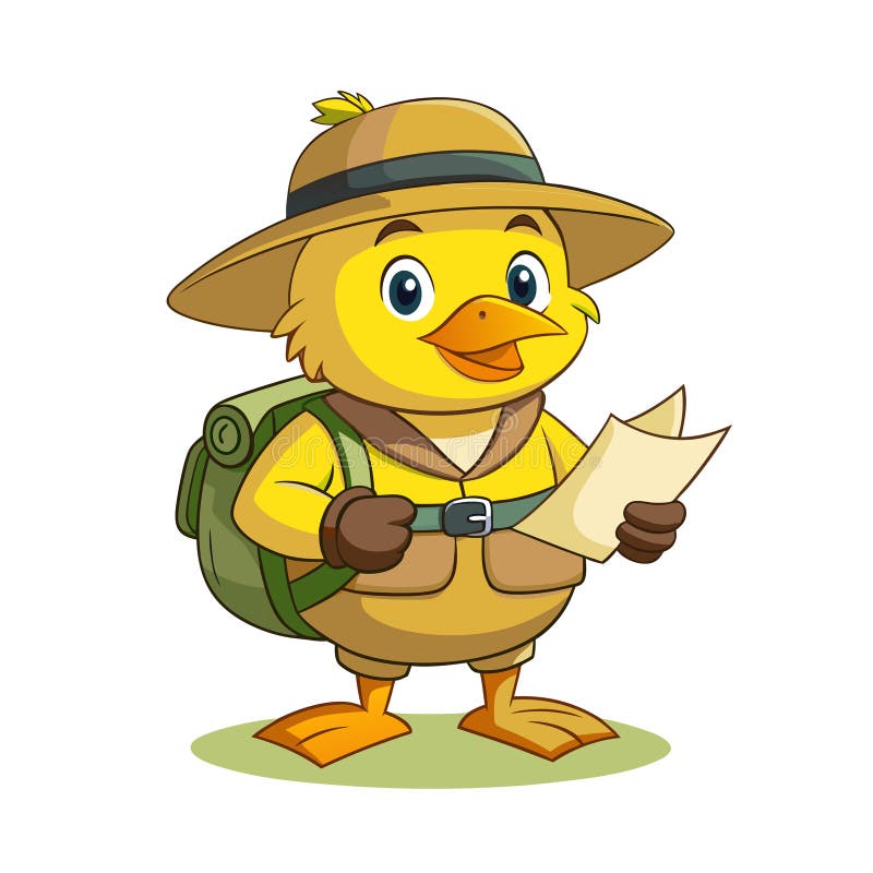 Cartoon Duck Explorer with Map and Backpack, Adventure and Travel ...