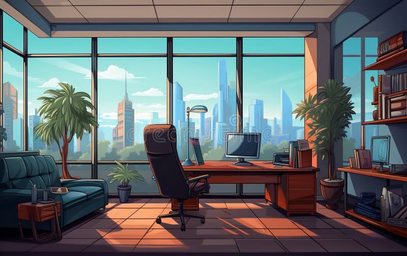 Cartoon Illustration of Empty Office with Window Mirror Generative AI ...