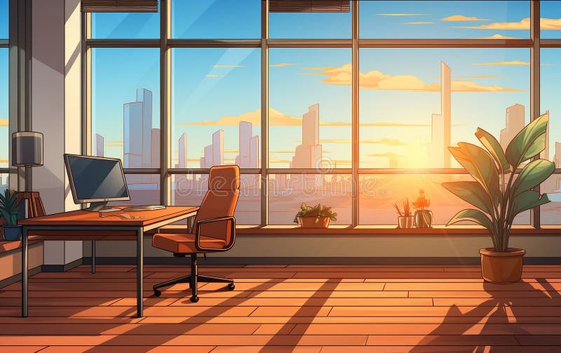 Cartoon Illustration of Empty Office with Window Mirror Generative AI ...