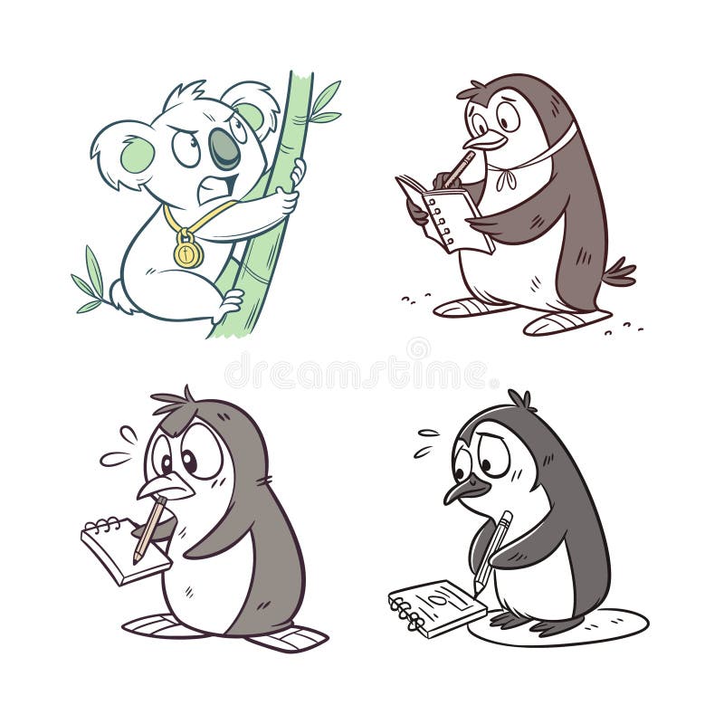 Koala and Penguin Cartoon Doodle Illustrations Stock Vector ...