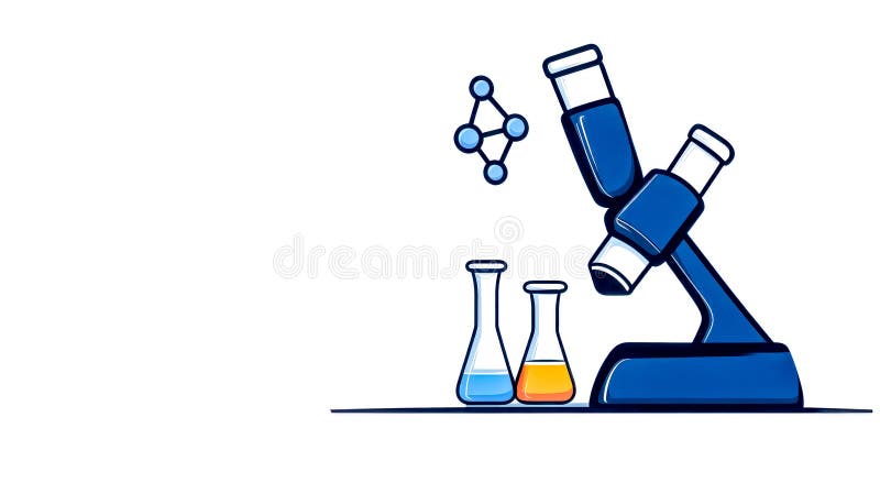 Microscope Analyzing Molecules with Beakers Filled with Chemical ...