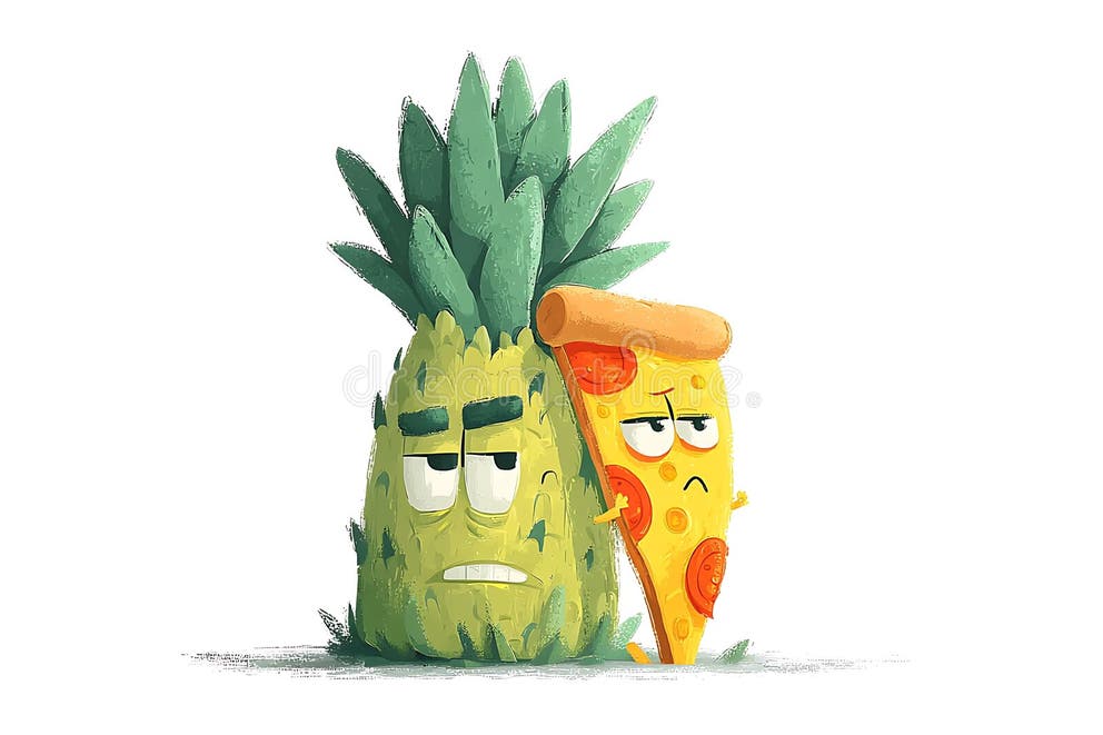 A Cartoon Illustration Featuring a Pineapple and a Slice of Pizza. the ...