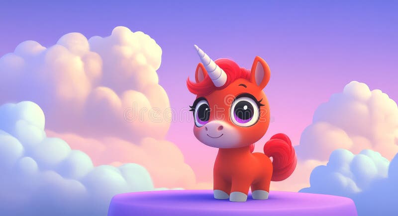 A Cartoon Illustration Featuring a Red Unicorn on Clouds with Hearts in ...