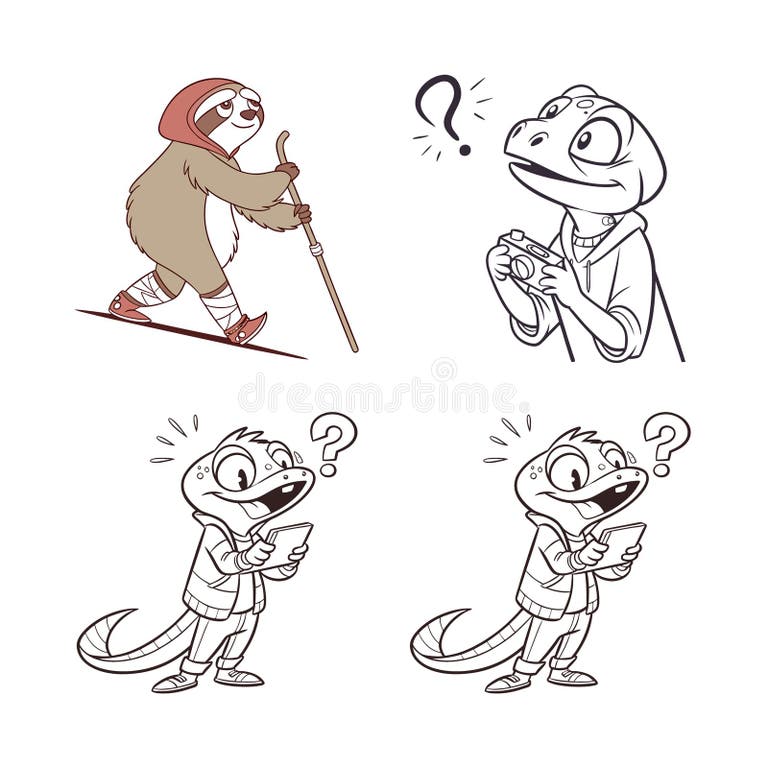 Sloth and Lizard Characters with Question Marks Stock Vector ...