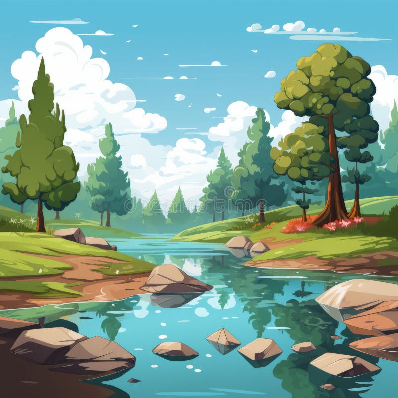 Cartoon Forest Landscape with Trees and River Stock Illustration ...