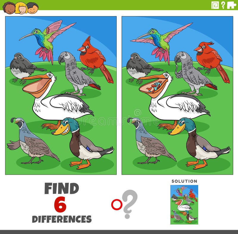 Differences Game with Cartoon Birds Animal Characters Stock Vector ...