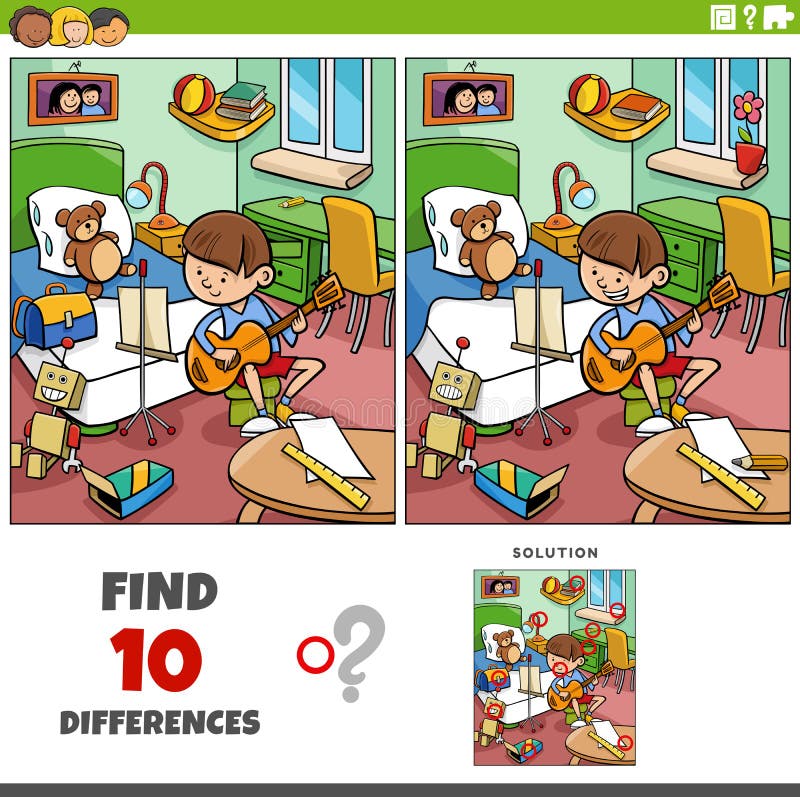 Differences Game with Cartoon Boy with Guitar in His Room Stock Vector ...