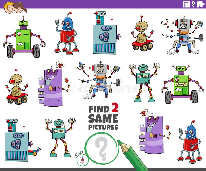 Find Two Same Cartoon Robots Educational Task Stock Vector ...