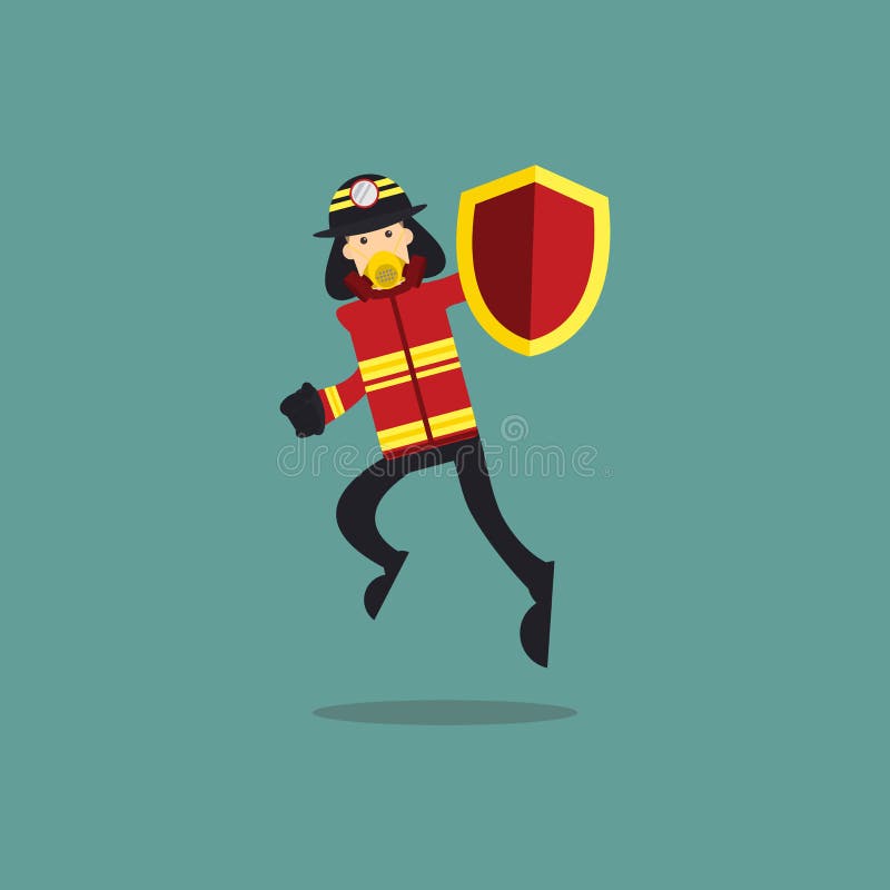 Cartoon Illustration of Fireman Hold a Shield Stock Vector ...