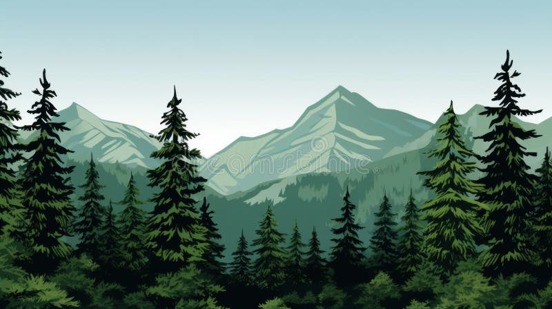 A Cartoon Illustration of a Forest with Mountains in the Background, AI Stock Illustration ...