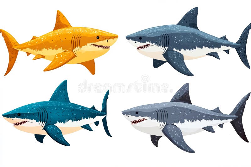 A Set of Four Different Types of Sharks on a White Background Stock ...