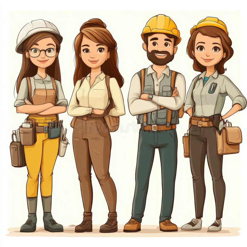 Cartoon Illustration of Four Workers in Different Professions Stock ...