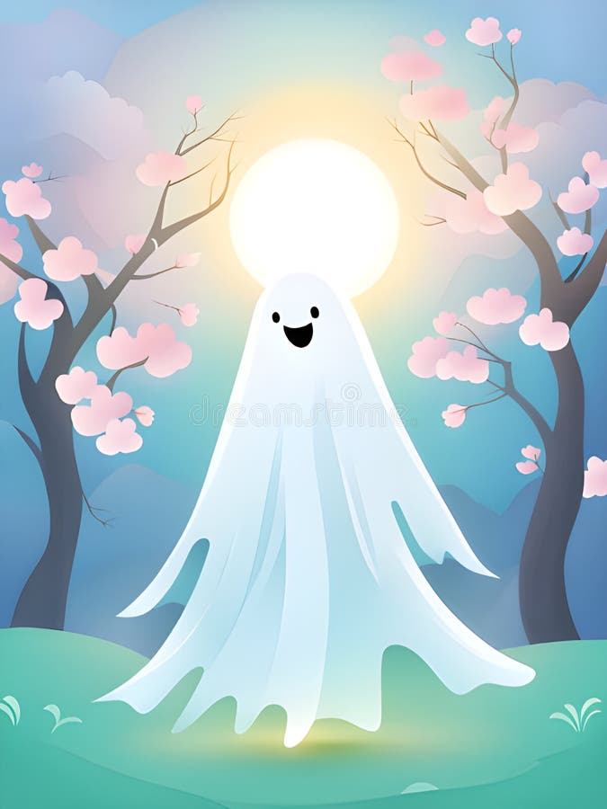 Cartoon Illustration of the Ghost with a White Flower on the Ground, Ai ...