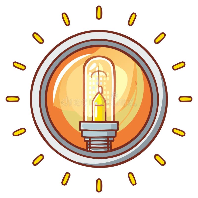 Cartoon Illustration of Glowing Light Bulb with Light Rays and Circle ...