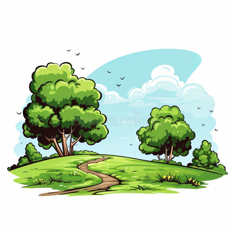 Cartoon Illustration of a Green Field with Trees and a Path Stock ...