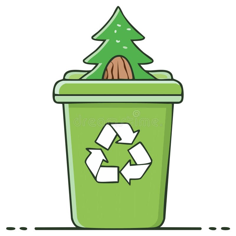 Cartoon Illustration of Green Recycling Bin with a Tree and Recycling ...