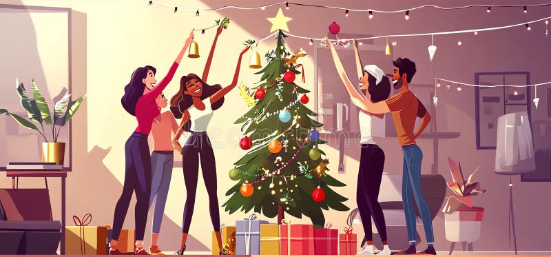 Cartoon Illustration Group of Friends Decorating a Christmas Tree ...