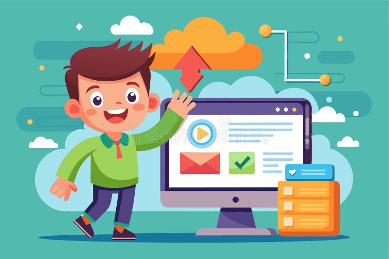 A Cartoon Illustration of a Happy Boy Uploading Data To a Cloud Server ...