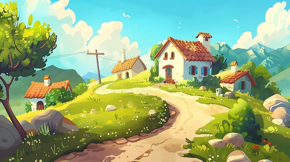 Cartoon Illustration of Houses on a Hillside Generated Using AI. Stock ...