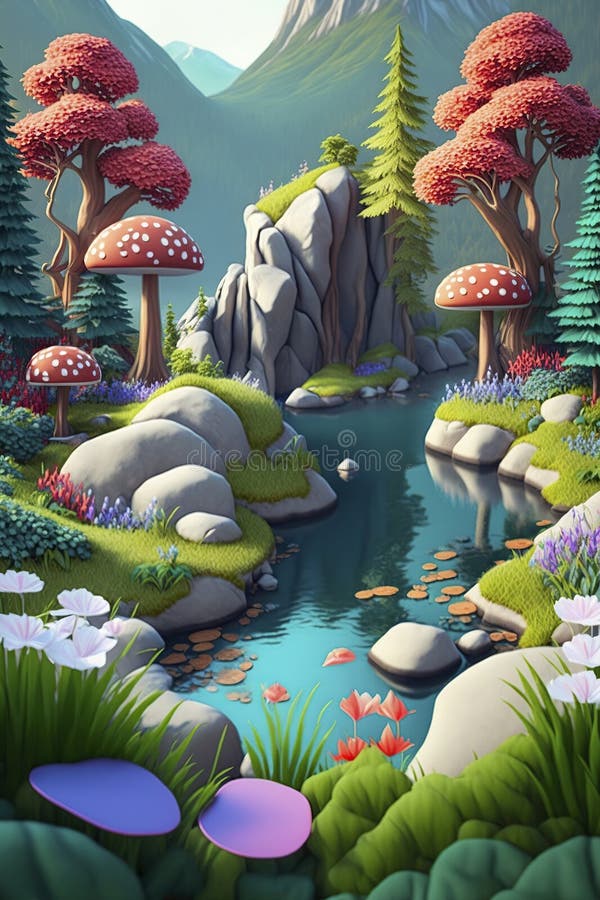 Cartoon Illustration, Hyper Realistic Landscape, River, Trees, Stones ...