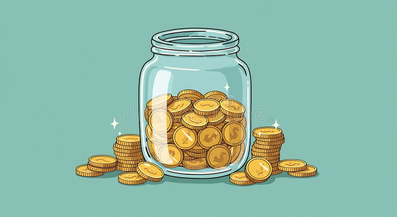 Cartoon Illustration of a Jar Overflowing with Gold Coins on Teal ...