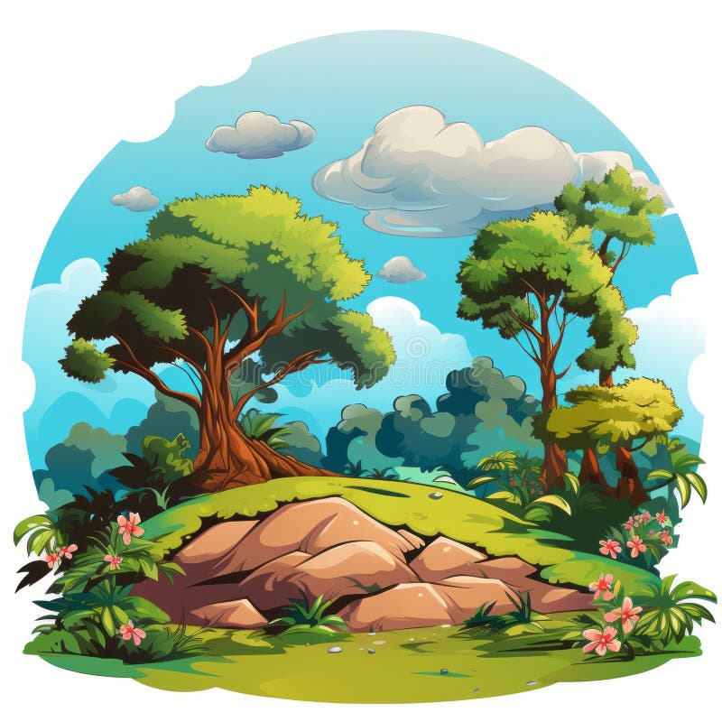 Cartoon Illustration of a Jungle Scene with Trees and Rocks Stock ...