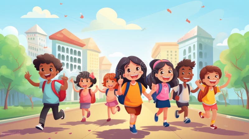 Cartoon Illustration of Kids Group Going Back To School Concept Stock ...