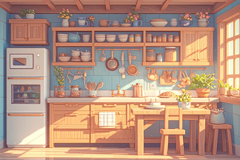 Cartoon Illustration of a Kitchen with Cabinets, a Stove, and a Table ...