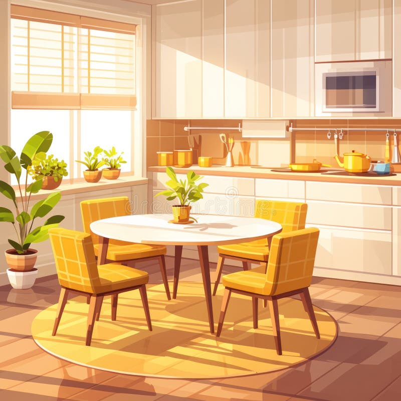 Cartoon Illustration of a Kitchen Dining Area with Table and Chairs ...