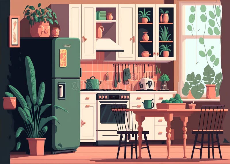 Cartoon Illustration, Kitchen Interior with Dining Table, Fridge,chairs ...