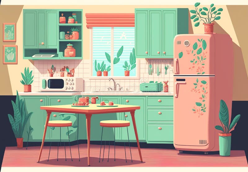 Cartoon Illustration, Kitchen Interior with Dining Table, Fridge,chairs ...